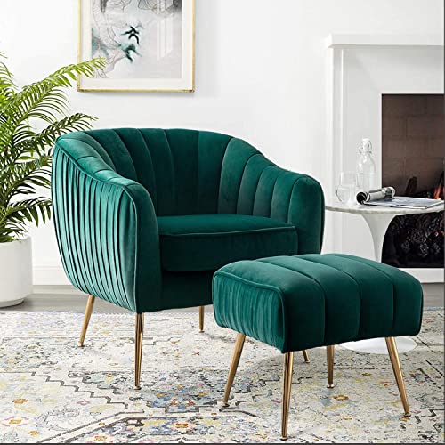 Altrobene Velvet Accent Chair with Ottoman, Modern Tufted Barrel Chair Ottoman Set for Living Room Bedroom, Golden Finished, Christmas Green