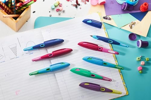 STABILO EASYbirdy Ergonomic School Fountain Pen for Left-Handed People with Beginner Nib A Sky Blue/Grass Green Single Pen with Cartridge