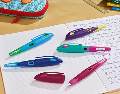 STABILO EASYbirdy Ergonomic School Fountain Pen for Left-Handed People with Beginner Nib A Sky Blue/Grass Green Single Pen with Cartridge