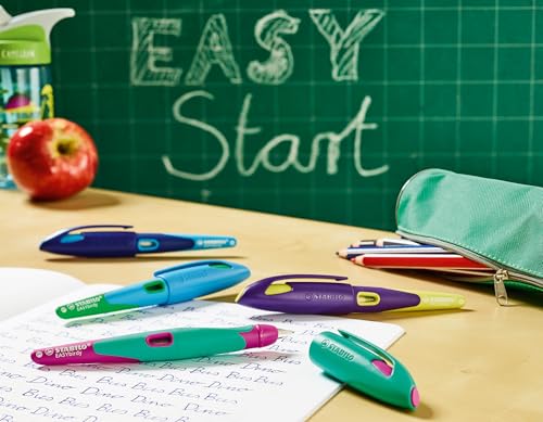 STABILO EASYbirdy Ergonomic School Fountain Pen for Left-Handed People with Beginner Nib A Sky Blue/Grass Green Single Pen with Cartridge