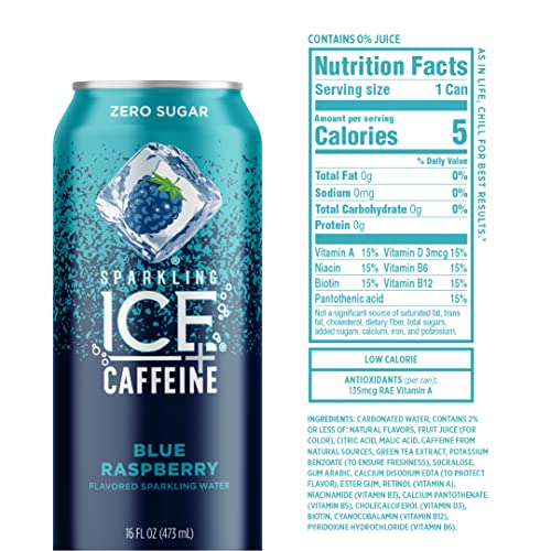 Sparkling Ice +Caffeine Blue Raspberry Sparkling Water, with Antioxidants and Vitamins, Zero Sugar, 16 Fl Oz (Pack of 12)