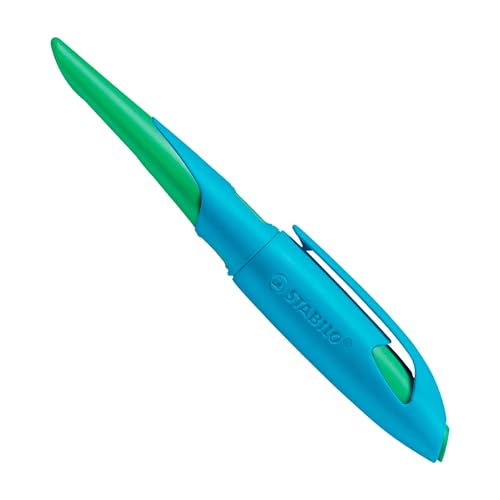 STABILO EASYbirdy Ergonomic School Fountain Pen for Left-Handed People with Beginner Nib A Sky Blue/Grass Green Single Pen with Cartridge