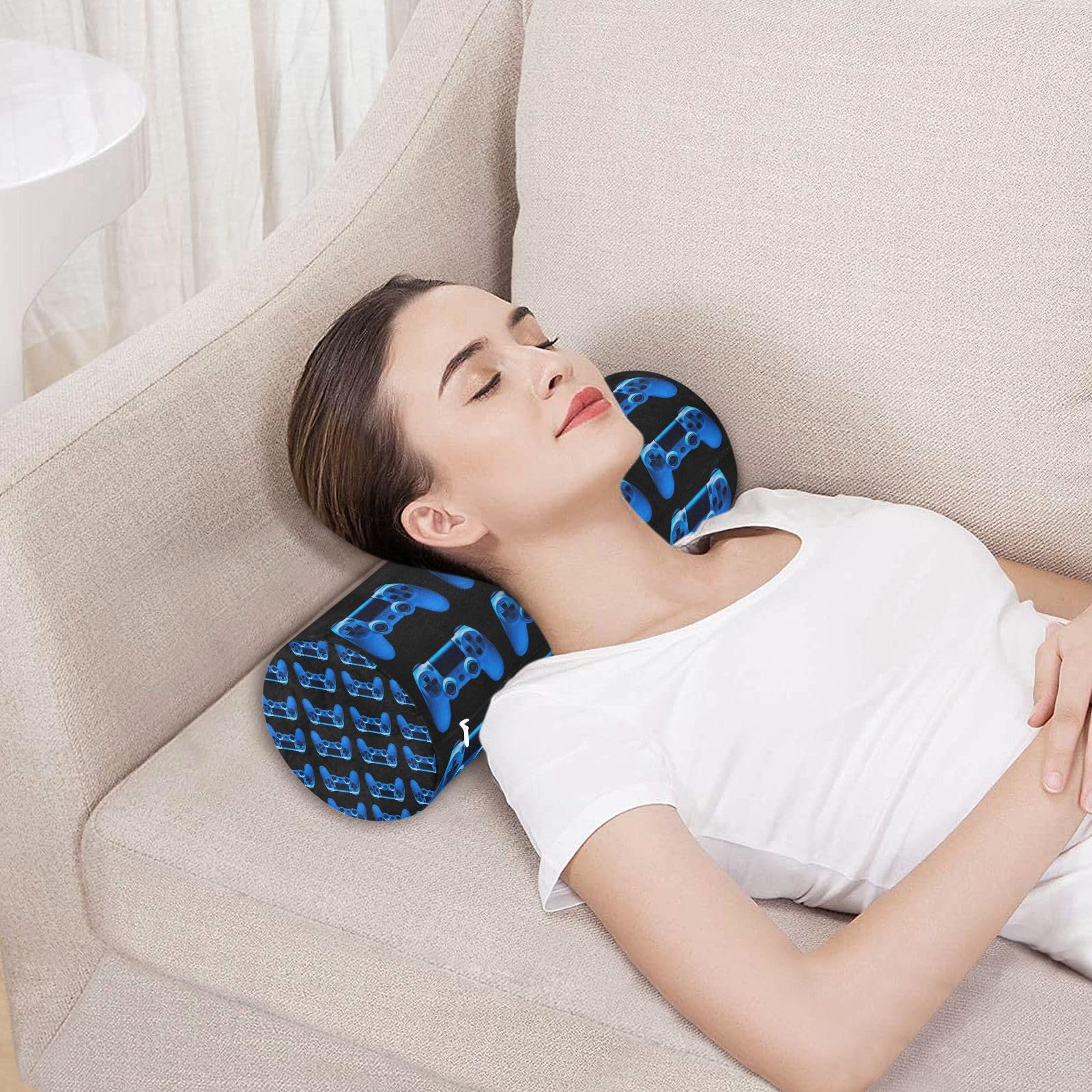Oyihfvs Video Game Joystick Gamepad in Blue Neon Lights Isolated on Black Round Memory Foam Pillow, Travel Pillow with Removable Washable Cover for Head Neck Legs Support 5.5 x 5.5 x 17 inch
