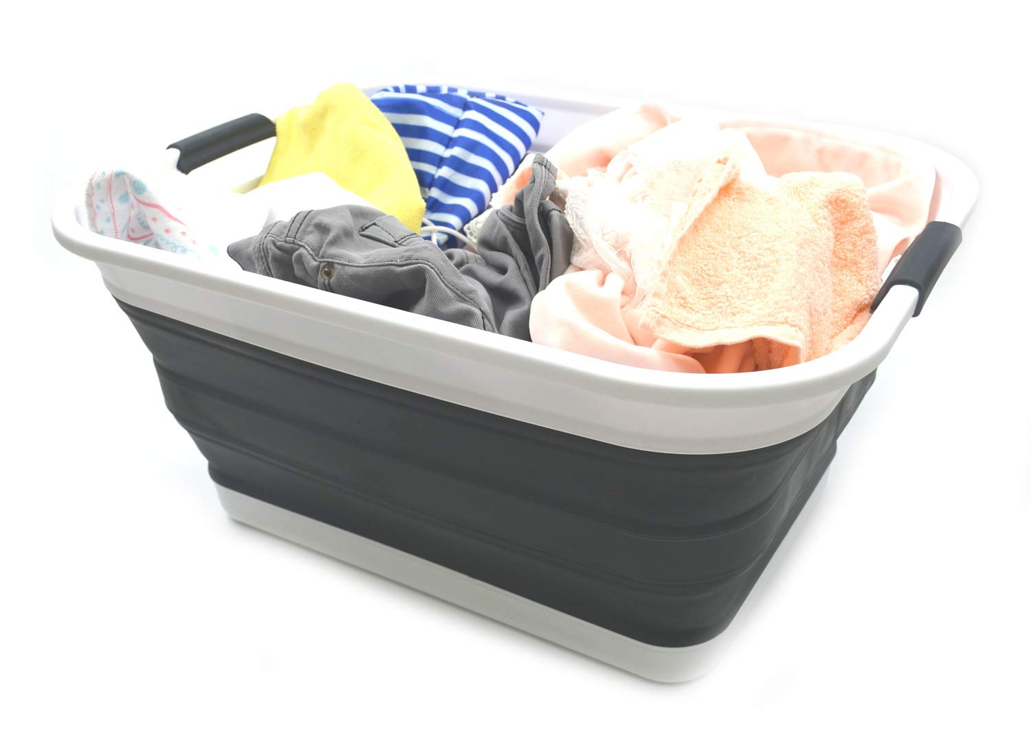 SAMMART 42L(11 gallon) Collapsible Plastic Laundry Basket-Foldable Pop Up Storage Container-Portable Washing Tub-Space Saving Basket,Water capacity 34L(9 gallon) (1 Rectangular - strengthen, Black)
