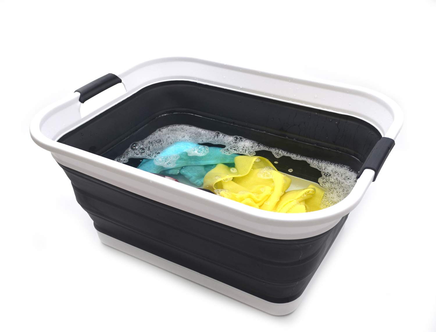 SAMMART 42L(11 gallon) Collapsible Plastic Laundry Basket-Foldable Pop Up Storage Container-Portable Washing Tub-Space Saving Basket,Water capacity 34L(9 gallon) (1 Rectangular - strengthen, Black)