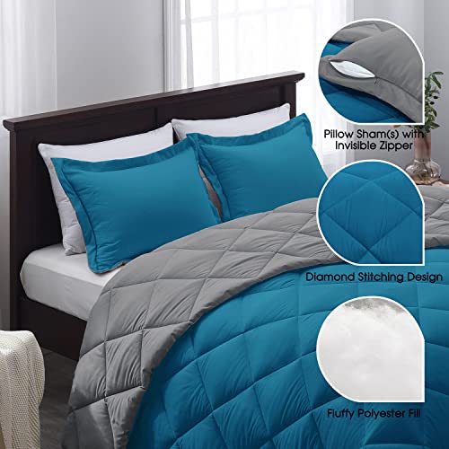 Basic Beyond Down Alternative Comforter Set (Queen, Algiers Blue/Charcoal Gray) - Reversible Bed Comforter with 2 Pillow Shams for All Seasons
