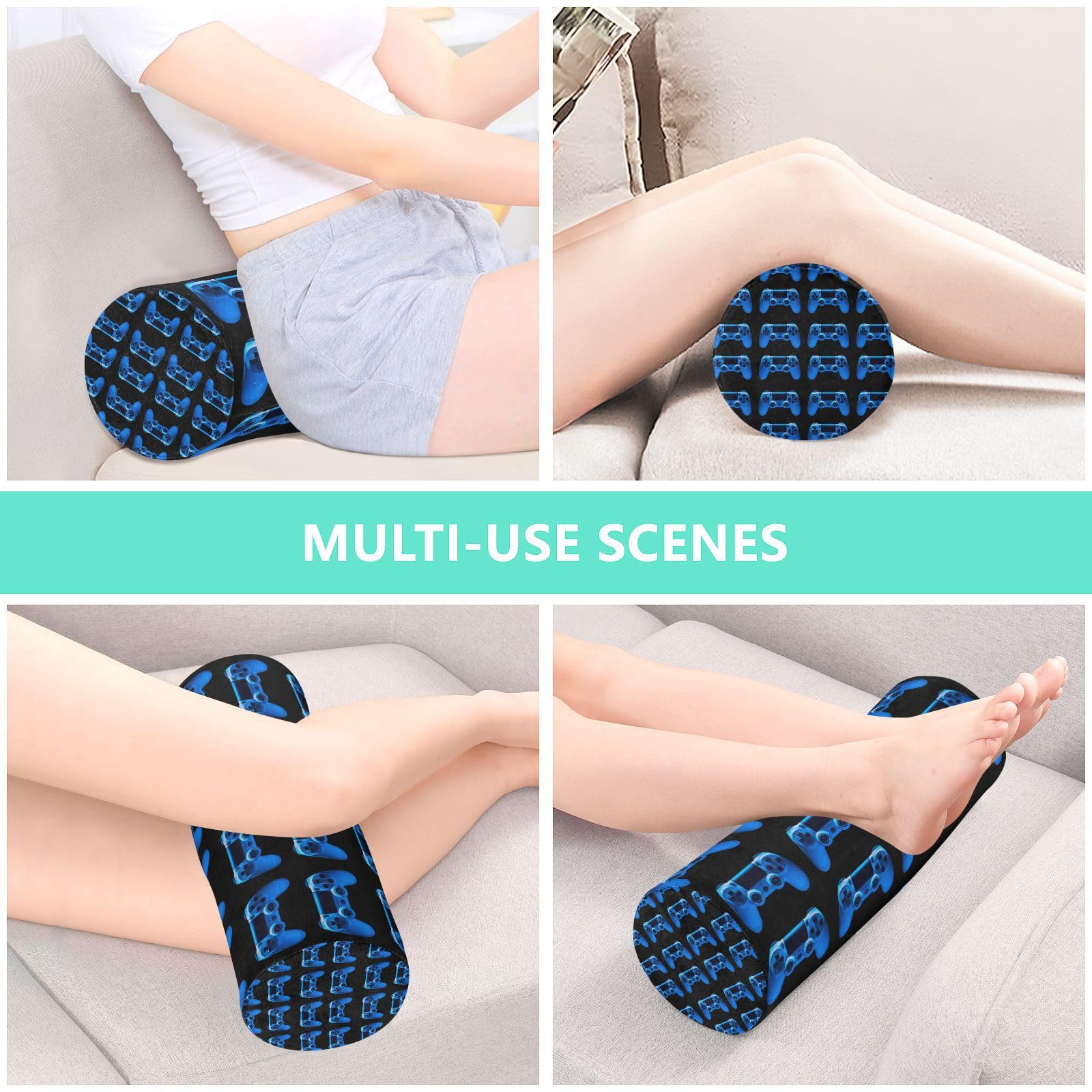 Oyihfvs Video Game Joystick Gamepad in Blue Neon Lights Isolated on Black Round Memory Foam Pillow, Travel Pillow with Removable Washable Cover for Head Neck Legs Support 5.5 x 5.5 x 17 inch