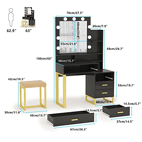 PAKASEPT Vanity Set with Lighted Mirror, Makeup Vanity Dressing Table with LED Light, Drawers, Storage Shelves and Cushioned Stool, Small Vanity Desk for Bedroom (Black, 39.4"Lx15.7"Wx63"H)