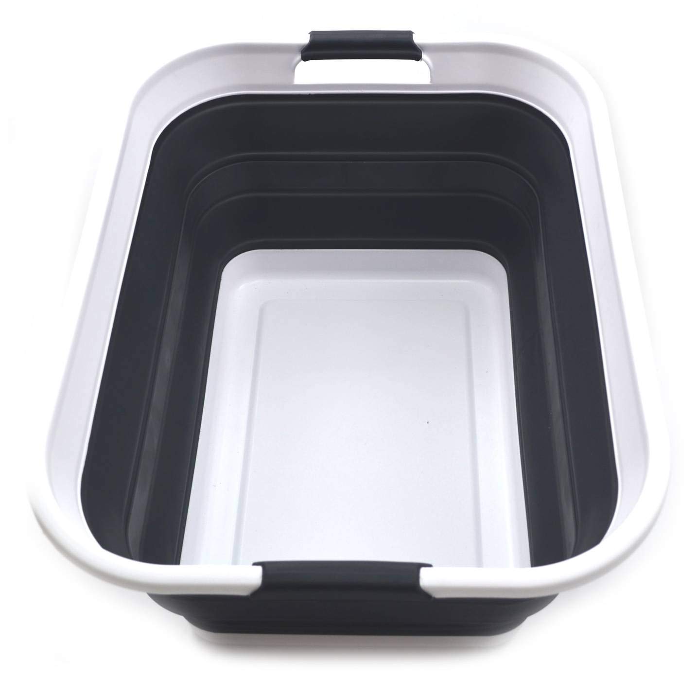 SAMMART 42L(11 gallon) Collapsible Plastic Laundry Basket-Foldable Pop Up Storage Container-Portable Washing Tub-Space Saving Basket,Water capacity 34L(9 gallon) (1 Rectangular - strengthen, Black)