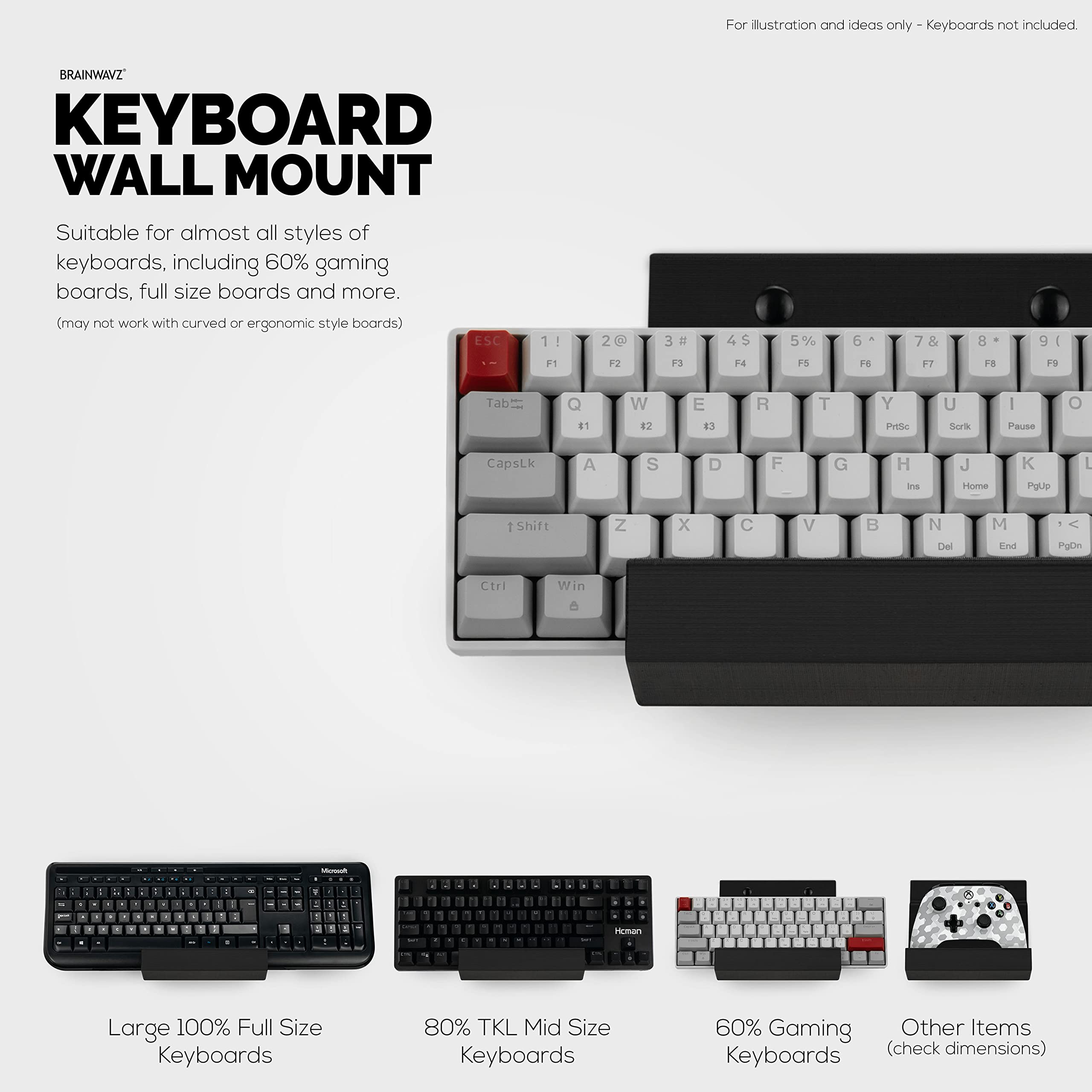 BRAINWAVZ Gaming Keyboard Stand for Wall Mounting - Adhesive or Screw Mount Installation - Stylish and Space Saving Solution for Gamers, Home & Office (KBW01)