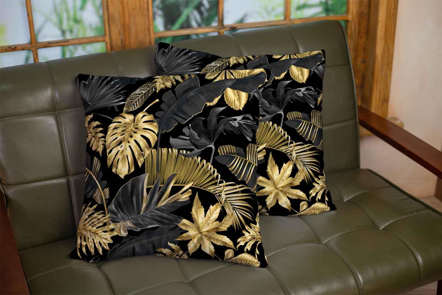silichee Couch Pillow Covers 20 X 20 2 Pack Pattern with Gold and Black Tropical Leaves on Dark Background for Sofa Bedroom Couch Halloween Christmas Thanksgiving