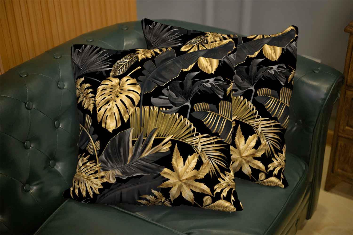silichee Couch Pillow Covers 20 X 20 2 Pack Pattern with Gold and Black Tropical Leaves on Dark Background for Sofa Bedroom Couch Halloween Christmas Thanksgiving