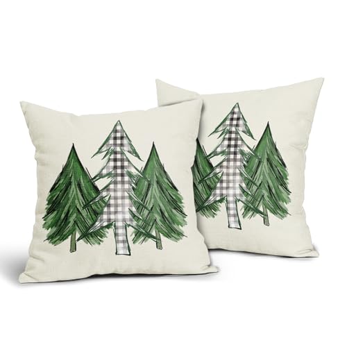 Watercolor Christmas Tree Pillow Covers 18X18 Inch Green Black White Buffalo Plaid Decorative Pillow Cases Xmas Holiday Square Throw Pillows Set of 2 Home Decor For Sofa Couch Bedroom Porch Outdoor