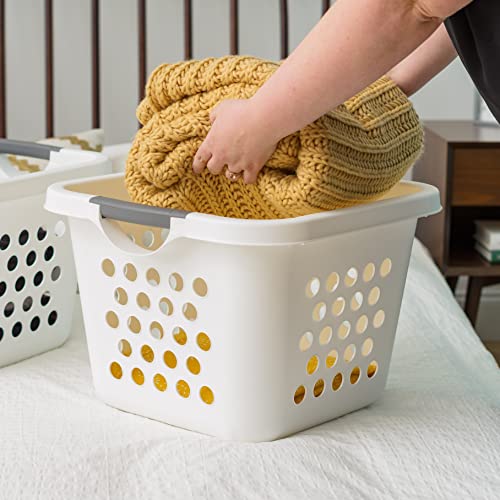IRIS USA 30L Plastic Laundry Basket Hamper Organizer with Built-In Comfort Carry Handles, 2 Pack, Clothes Hamper, Laundry Hamper for Dorm Laundry Room Bedroom, Nestable, Ventilation Holes, White