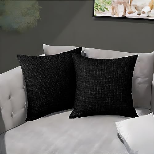 FULDGAENR Slub Linen Pillow Covers 12x12 Set of 2 for Couch Sofa, Black Rustic Woven Texture Farmhouse Decorative Throw Pillow Covers Sham Square 12 x 12 Inch Cushion Covers for Patio Home Decor