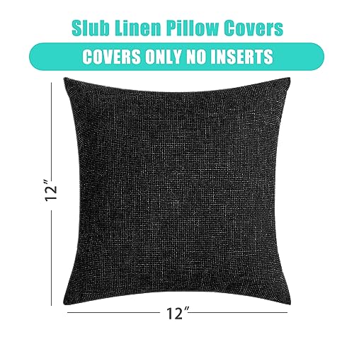 FULDGAENR Slub Linen Pillow Covers 12x12 Set of 2 for Couch Sofa, Black Rustic Woven Texture Farmhouse Decorative Throw Pillow Covers Sham Square 12 x 12 Inch Cushion Covers for Patio Home Decor