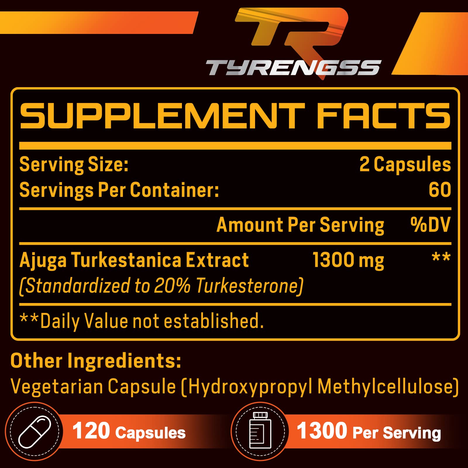 Testosterone Booster, Turkesterone Supplement 1300mg Ultra High Strength (Ajuga Turkestanica Extract Std. to 20% Testosterone), for Athletic Performance & Muscle Mass,120 Capsules
