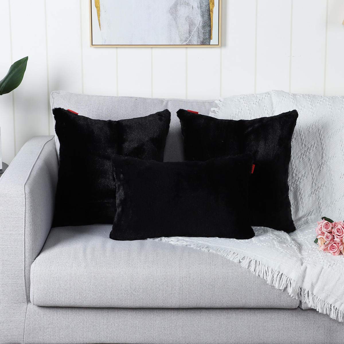 MANDIOO Pack of 2 Black Faux Fur Fuzzy Cozy Soft Decorative Throw Pillow Covers Lumbar Set Cushion Cases Pillowcases for Sofa Bedroom Car 12x20 Inches