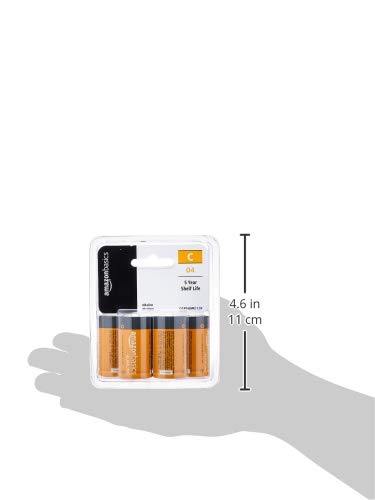 Amazon Basics 4 Pack C Cell All-Purpose Alkaline Batteries, 5-Year Shelf Life, Easy to Open Value Pack