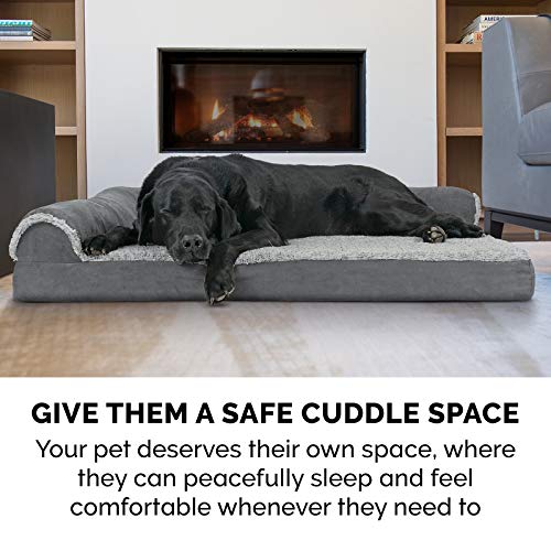 Furhaven XL Memory Foam Dog Bed Two-Tone Faux Fur & Suede L Shaped Chaise w/ Removable Washable Cover - Stone Gray, Jumbo