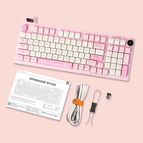 EPOMAKER RT100 97 Keys Gasket BT5.0/2.4G/USB-C Mechanical Keyboard with Customizable Display Screen, Knob, Hot Swappable Socket, 5000mAh Battery for Win/Mac(RT100 Pink, Sea Salt Silent Switch)