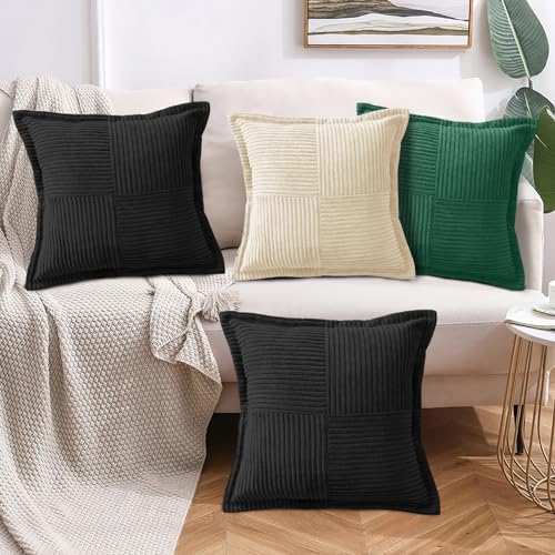 PENUFILO Black Corduroy Pillow Covers 18X18 Set of 2, Fall Soft Solid Striped Throw Pillow Covers for Living Room Couch Bed Sofa Home Decor Patchwork Textured Square Decorative Cushion Case