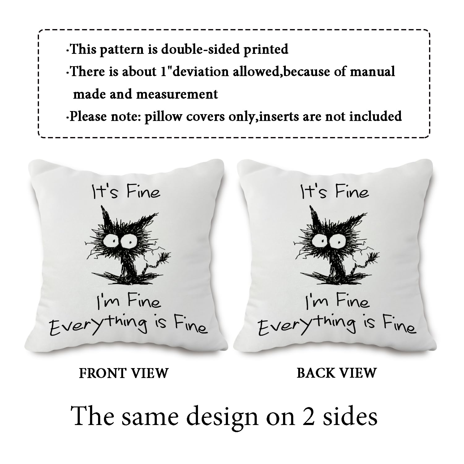 Inspirational Quotes Throw Pillow Cover, Everything is Fine Sofa Home Bed Decor Study Black Cat Couch Case, 18 x 18 Inches Pillowcase Gift for School Office Bedroom Living Room Reading Room -13