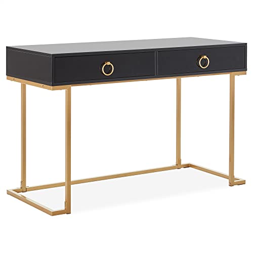 BELLEZE Modern 45 Inch Makeup Vanity Dressing Table or Home Office Computer Laptop Writing Desk with Two Storage Drawers, Wood Top, and Gold Metal Frame - Chelsea (Black)