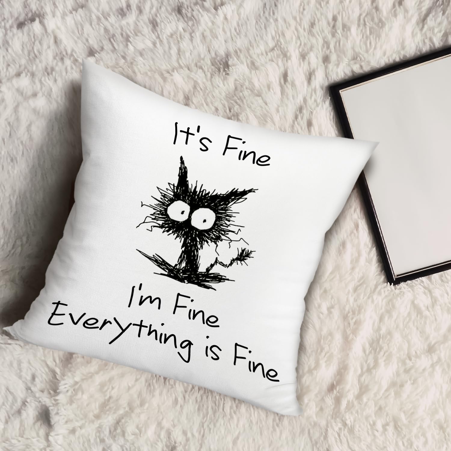 Inspirational Quotes Throw Pillow Cover, Everything is Fine Sofa Home Bed Decor Study Black Cat Couch Case, 18 x 18 Inches Pillowcase Gift for School Office Bedroom Living Room Reading Room -13