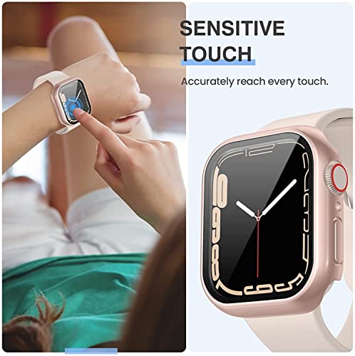 [3Pack] Tensea for Apple Watch Screen Protector Case Series 8 7 41mm, iWatch Protective Face Cover, Tempered Glass Film Hard PC Bumper for Women Men, Ultra-Thin Guard (41 mm, Clear/Silver/Rose Gold)