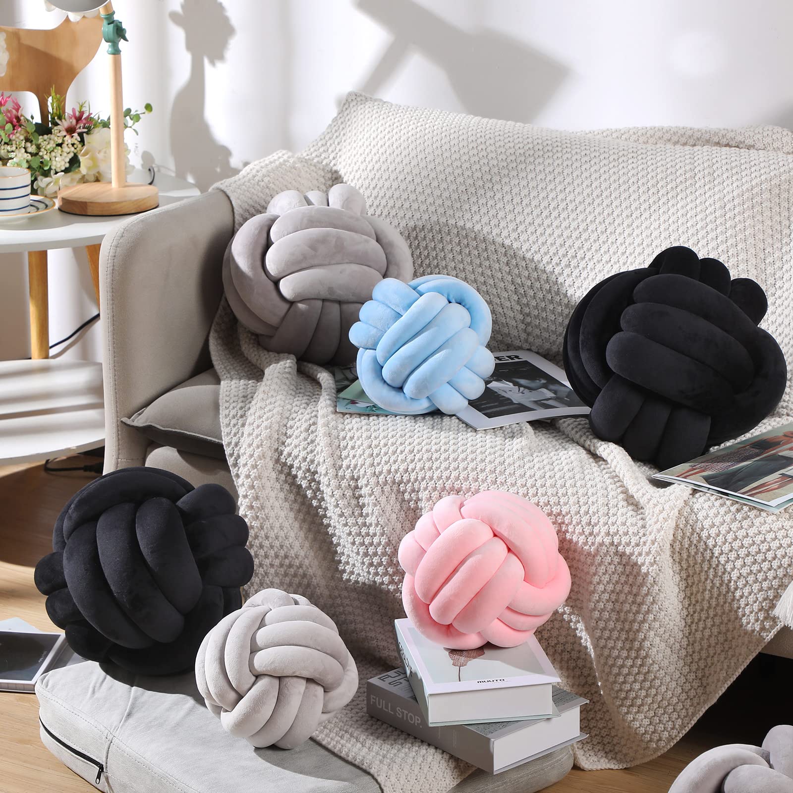 Namalu 2 Pieces Plush Stuffed Knot Ball Pillows Aesthetic Decorative Round Throw Knotted Pillows for Stress Relieving Bed Sofa Bedroom Decoration(10.6 Inches,Black)