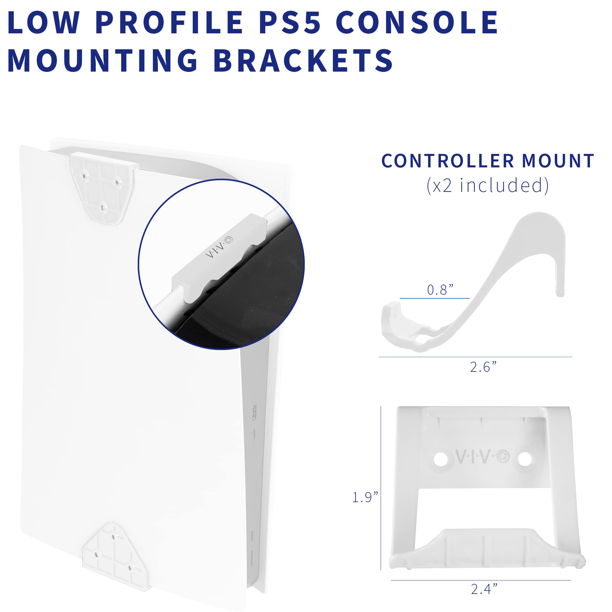 VIVO 2-in-1 Wall and Under Desk Mount Bracket Designed for PS5 and PS5 Slim Gaming Console, PlayStation 5 Standard and Digital Edition, Vertical Wall Display, 2 Controller Mounts, White, MOUNT-PS5CW