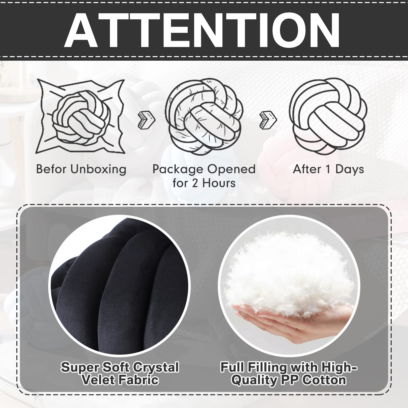 Namalu 2 Pieces Plush Stuffed Knot Ball Pillows Aesthetic Decorative Round Throw Knotted Pillows for Stress Relieving Bed Sofa Bedroom Decoration(10.6 Inches,Black)