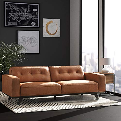 Amazon Brand β Rivet Bigelow Modern Leather Sofa Couch with Wood Base, 89.4"W, Cognac / Espresso