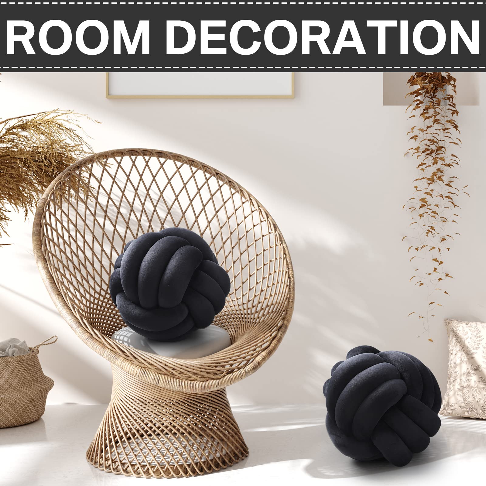 Namalu 2 Pieces Plush Stuffed Knot Ball Pillows Aesthetic Decorative Round Throw Knotted Pillows for Stress Relieving Bed Sofa Bedroom Decoration(10.6 Inches,Black)