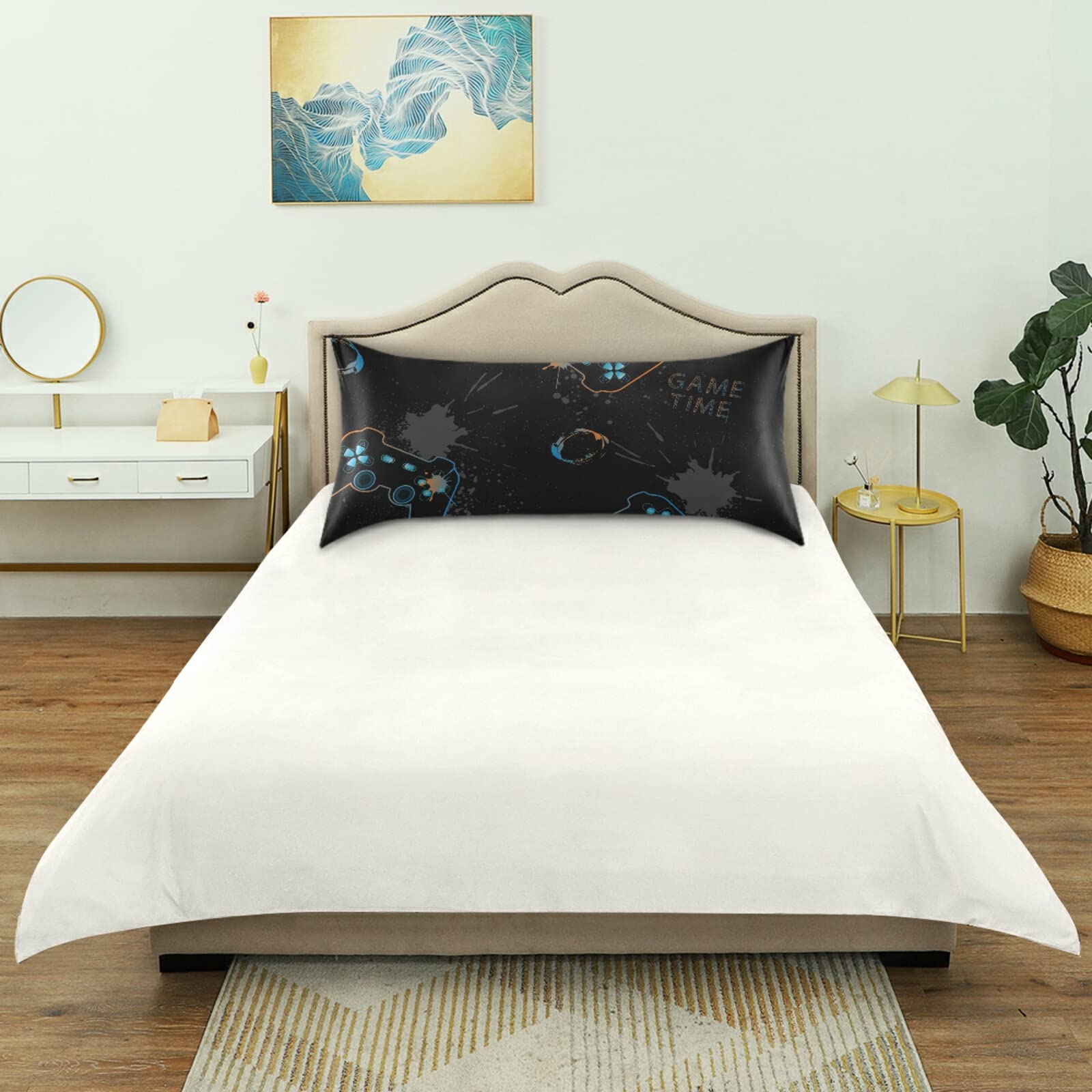 Oyihfvs Seamless Video Game Gamepad Joysticks in Black Blue Neon on Black Silky Satin Pillowcase for Hair and Skin, Soft Bed Pillow Cover, Decorative Silk Pillow Cases, Standard Size 20x26 inches