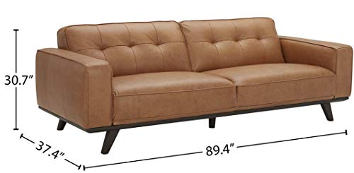 Amazon Brand β Rivet Bigelow Modern Leather Sofa Couch with Wood Base, 89.4"W, Cognac / Espresso