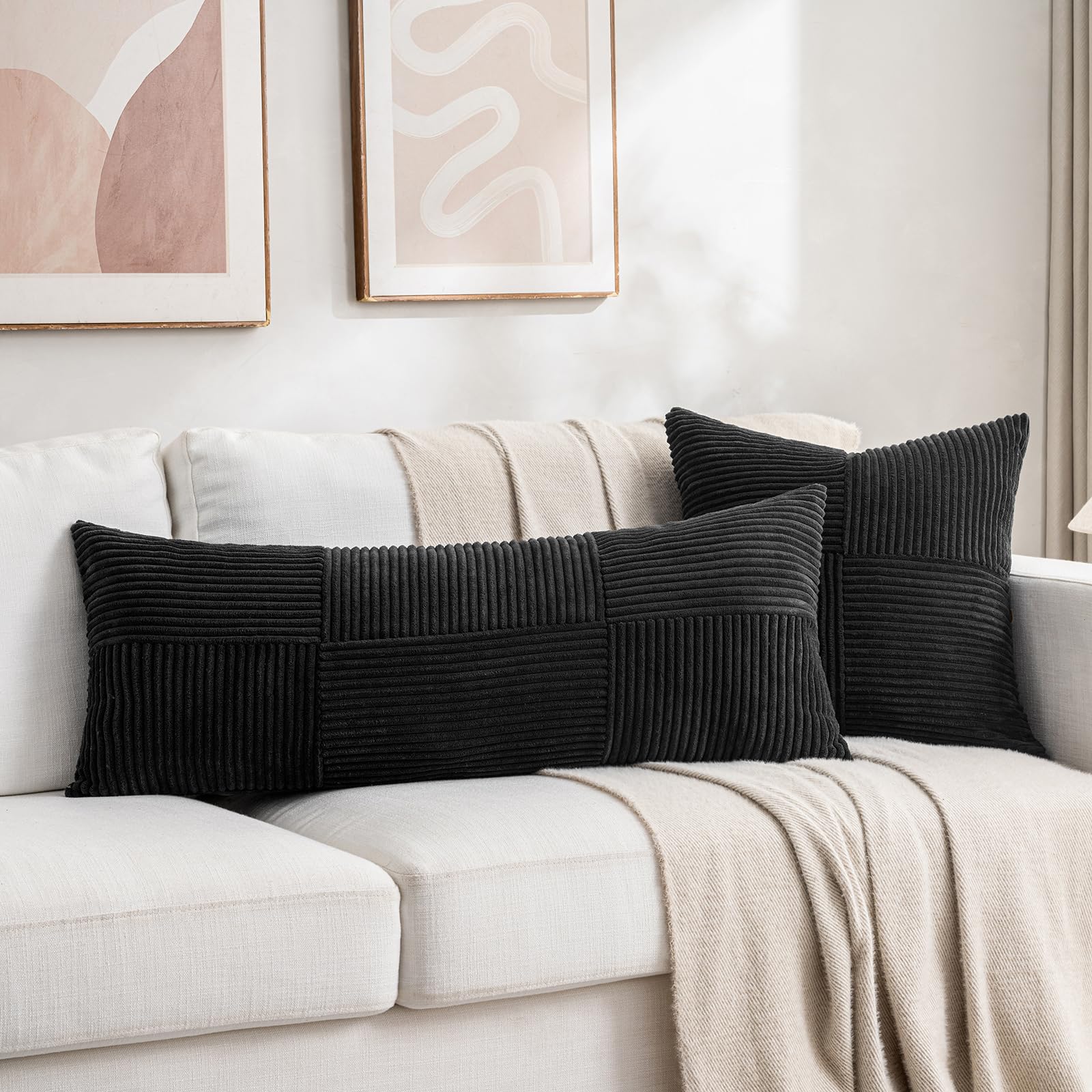 Fancy Homi 2 Packs Black Lumbar Decorative Throw Pillow Covers 12x20 Inch for Living Room Couch Bed Sofa, Rustic Farmhouse Boho Home Decor, Soft Striped Corduroy Rectangle Accent Cushion Case 30x50 cm