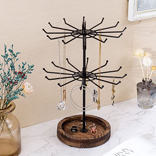 MyGift 2 Tier Black Metal Rotating Necklace and Bracelet Organizer Jewelry Stand with 24 Hooks and Burnt Wood Ring Tray, Accessory and Keychain Spinning Display Rack with Top Handle Card Holder