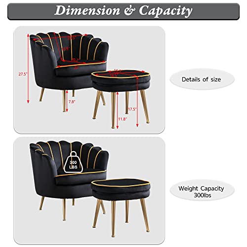 QHITTY Velvet Accent Chair with Ottoman, Upholstered Chair Modern Tufted Barrel Chair Ottoman Set for Living Room, Bedroom, Office (Black)