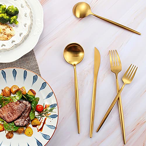 Matte Gold Silverware Set for 4, IBIILII JEFF 20 Pieces Stainless Steel Flatware Set,Kitchen Utensil Set, Tableware Cutlery Set, Knife Spoons And Forks Set, Satin Finished Polished & Dishwasher Safe