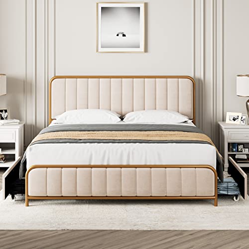 HITHOS Upholstered Full Size Bed Frame with 4 Storage Drawers and Headboard, Heavy Duty Metal Mattress Foundation with Wooden Slats, Easy Assembly, No Box Spring Needed (Golden/Off White, Full)