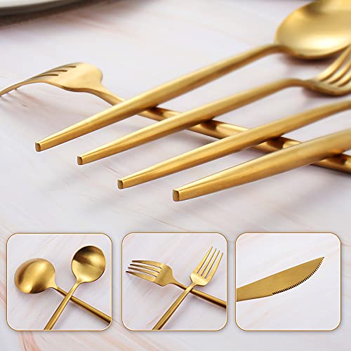 Matte Gold Silverware Set for 4, IBIILII JEFF 20 Pieces Stainless Steel Flatware Set,Kitchen Utensil Set, Tableware Cutlery Set, Knife Spoons And Forks Set, Satin Finished Polished & Dishwasher Safe