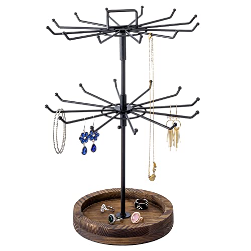MyGift 2 Tier Black Metal Rotating Necklace and Bracelet Organizer Jewelry Stand with 24 Hooks and Burnt Wood Ring Tray, Accessory and Keychain Spinning Display Rack with Top Handle Card Holder