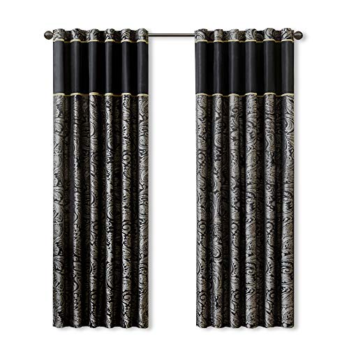 Black Curtains For Living Room , Traditional Back Tab Curtains For Bedroom , Aubrey Jacquard Rod Pocket Window Curtains , 50x84", 2-Panel Pack
