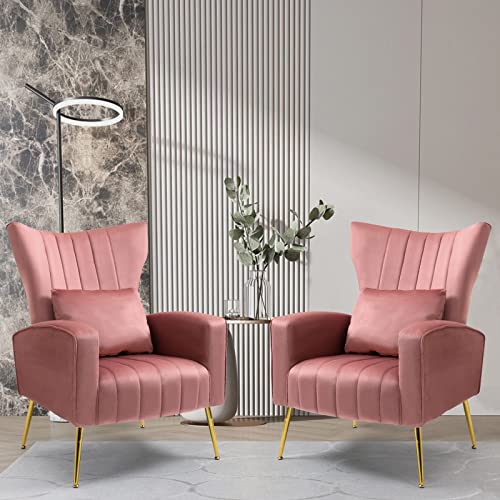 WQSLHX Living Room Chairs Set of 2 with Lumbar Pillow, Velvet Accent Chair with High Back Mid Century Armchair for Bedroom with Armrest, Arm Chair with Golden Metal Legs, Pink