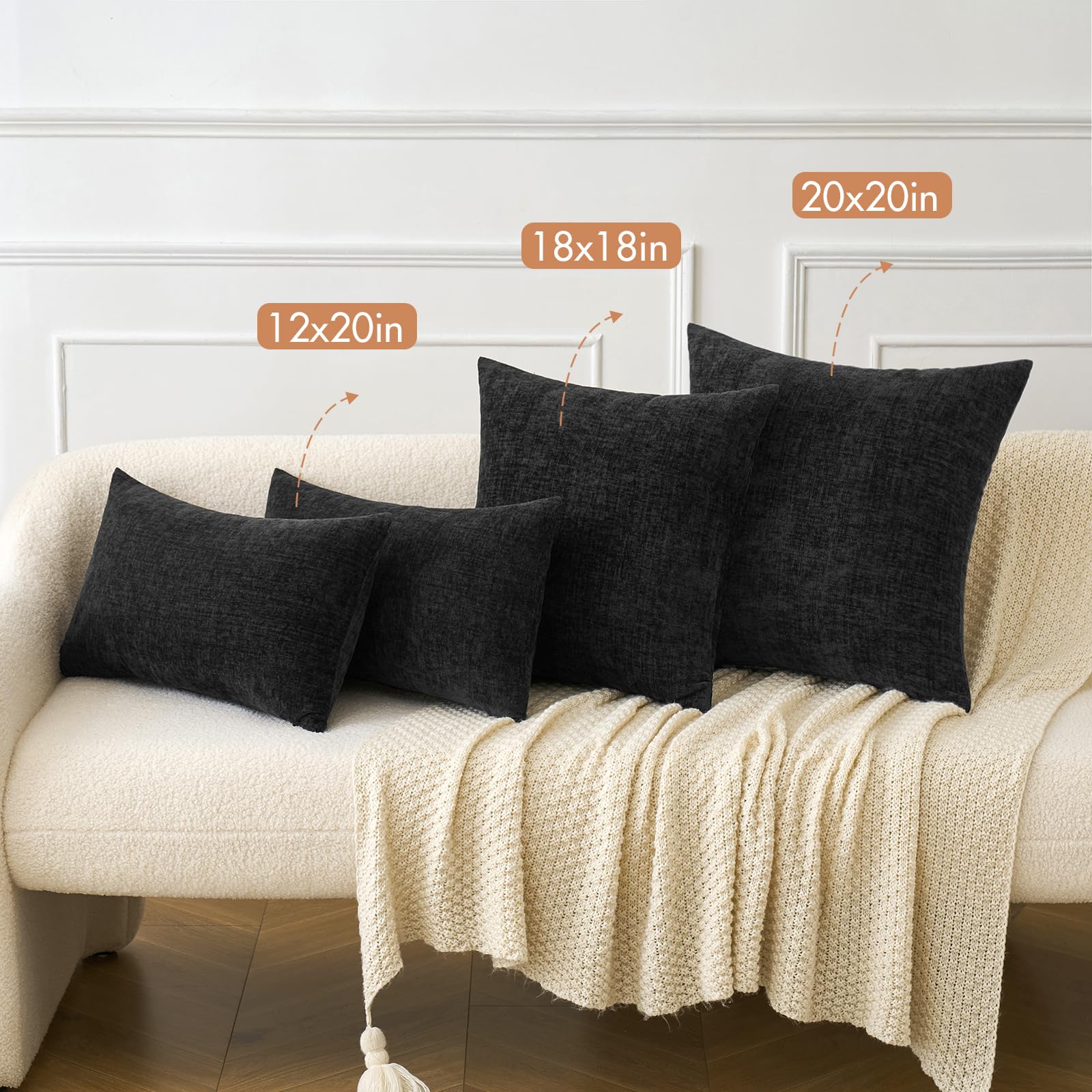 MIULEE Halloween Pack of 2 Couch Throw Pillow Covers 20x20 Inch Soft Black Chenille Pillow Covers for Sofa Living Room Solid Dyed Pillow Cases