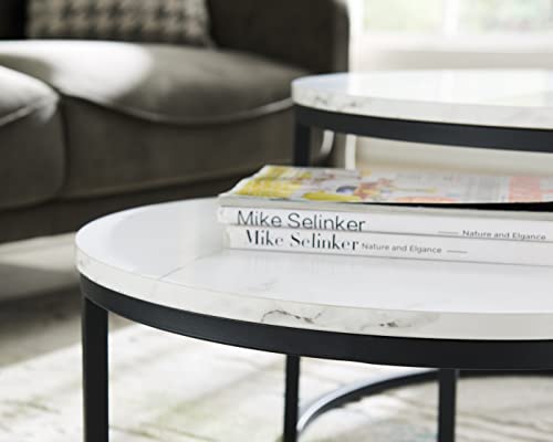 Modern Nesting Coffee Table Set of 2 for Living Room, Office, Balcony, Mid Century Round Wood Accent Coffee MDF Faux Marble Tabletop w/Black Color Frame, Gift for Thanksgiving Christmas -White
