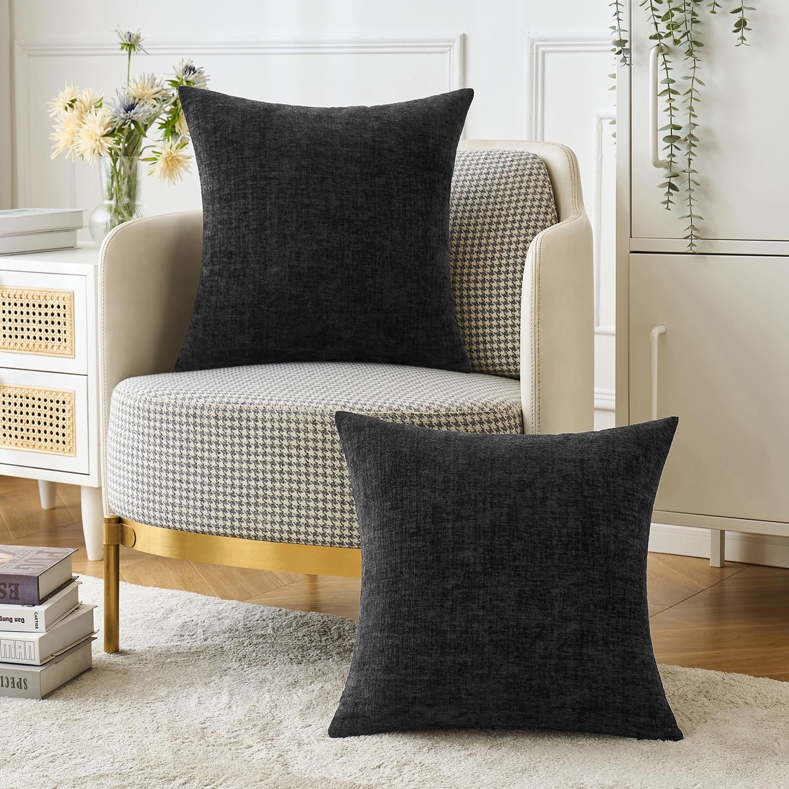 MIULEE Halloween Pack of 2 Couch Throw Pillow Covers 20x20 Inch Soft Black Chenille Pillow Covers for Sofa Living Room Solid Dyed Pillow Cases