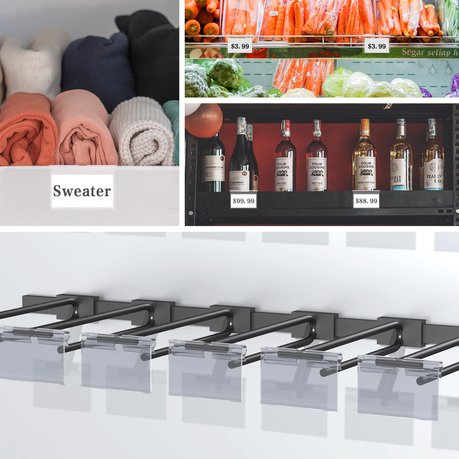 Storage Bin Labels Clip On,60PCS Clear Plastic Bin Labels Clips,Extra 80 Label Papers Included,Perfect for Wire Shelf,Baskets,Fabric Storage Cubes,Storage Closet,Cloth Bins,Food Pantry (6X4.2CM)